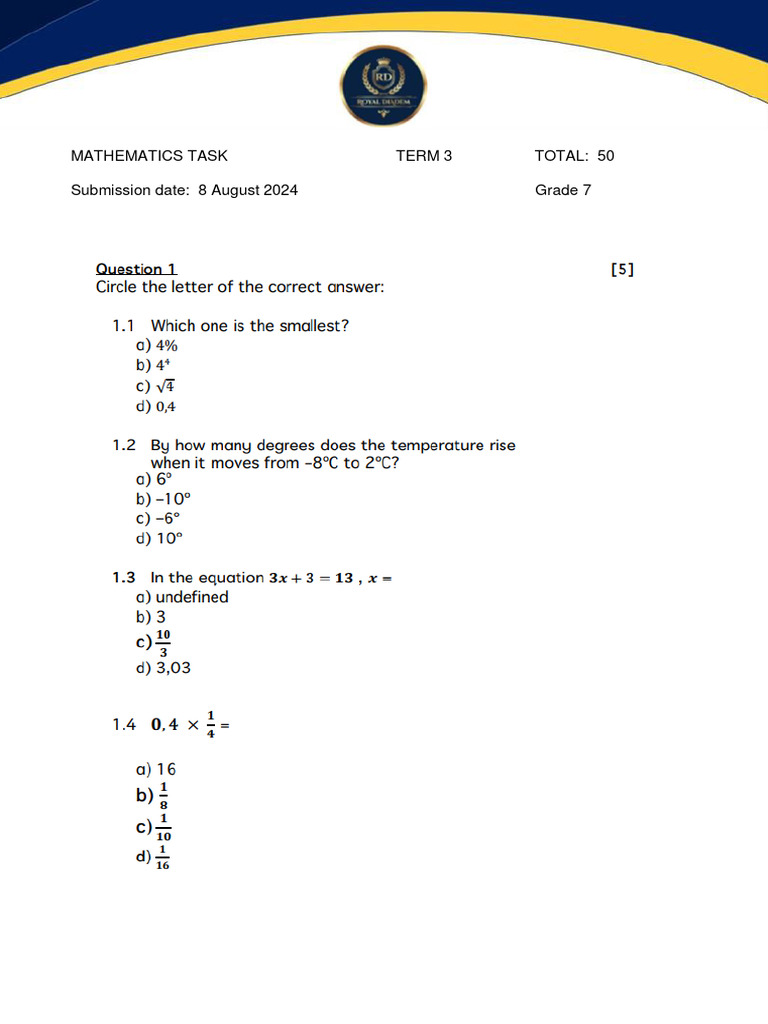 Grade 7 Math Assignment Term 3 | PDF