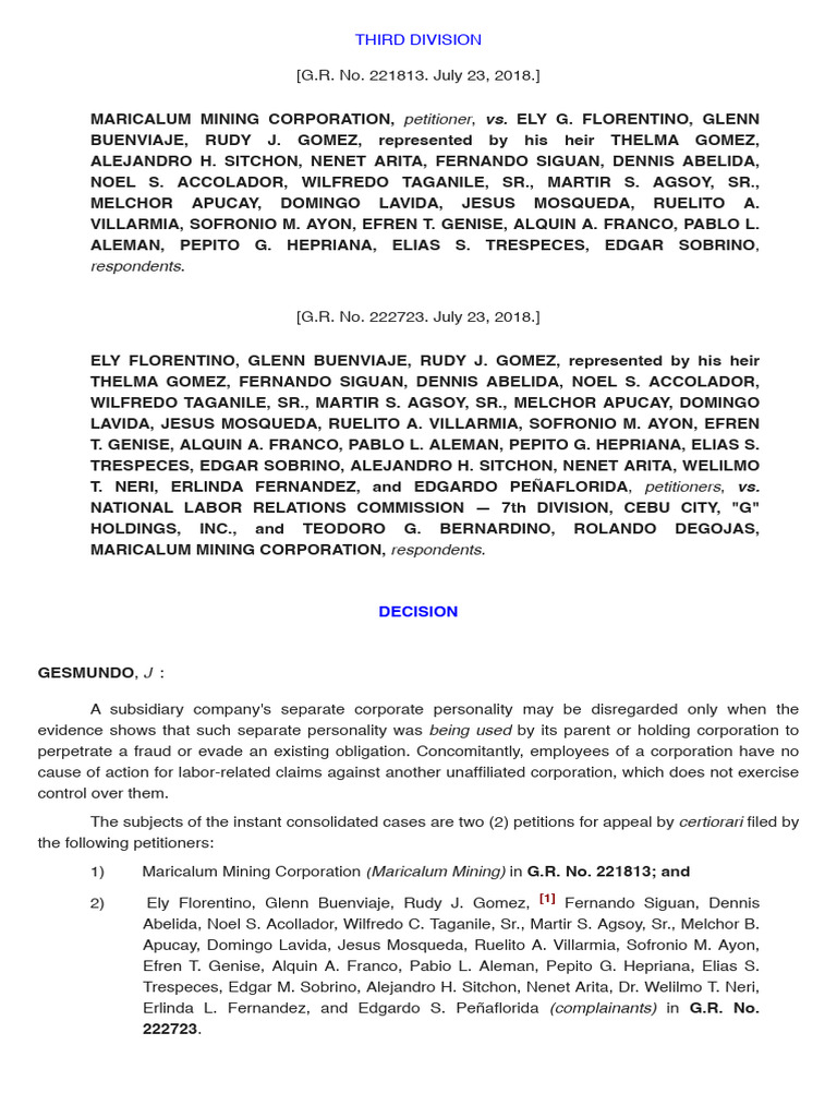 Maricalum Mining Corporation Vs Ely Florentino (FR. No 221813, 23 July ...