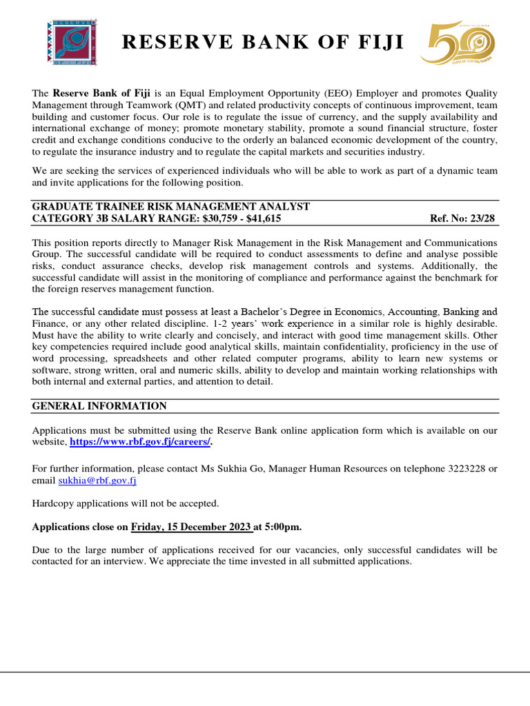 External Advertisement Graduate Trainee Risk Management Analyst | PDF | Risk Management ...