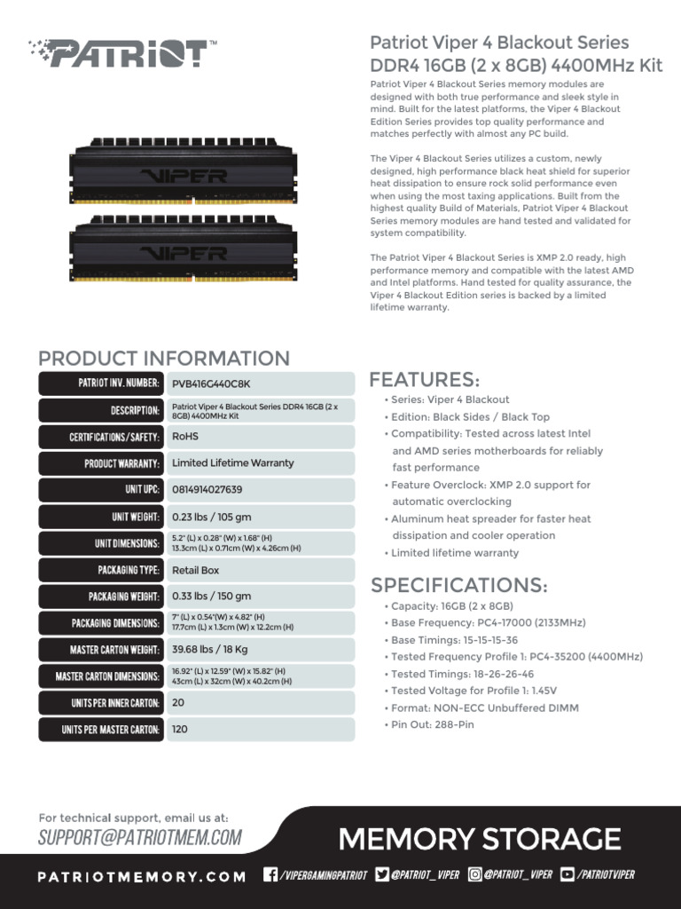 Patriot Viper Blackout PVB416G440C8K Sku Sheet - 080420 | PDF | X86 ...