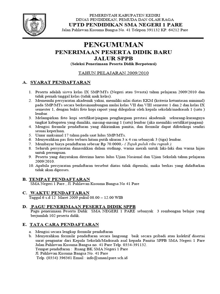Pengumuman SPPB Sma N 1 Pare | PDF