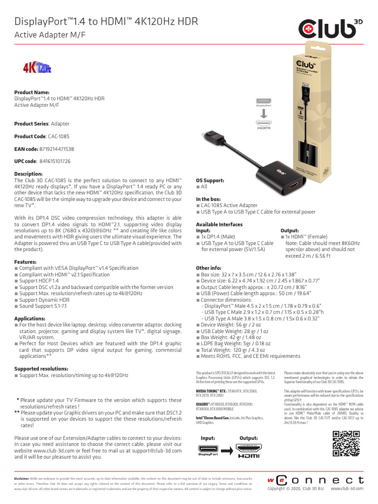 Cac 1085 Specification Sheet en | PDF | Hdmi | Usb