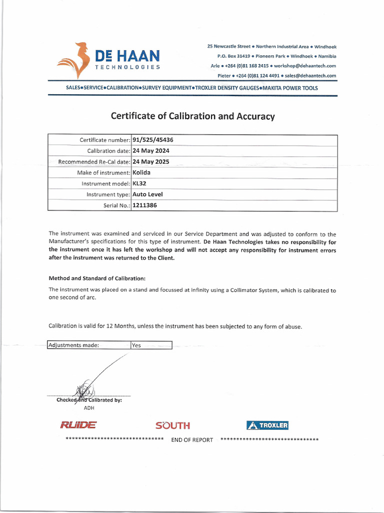 Dumpy Level Calibration Certificate | PDF