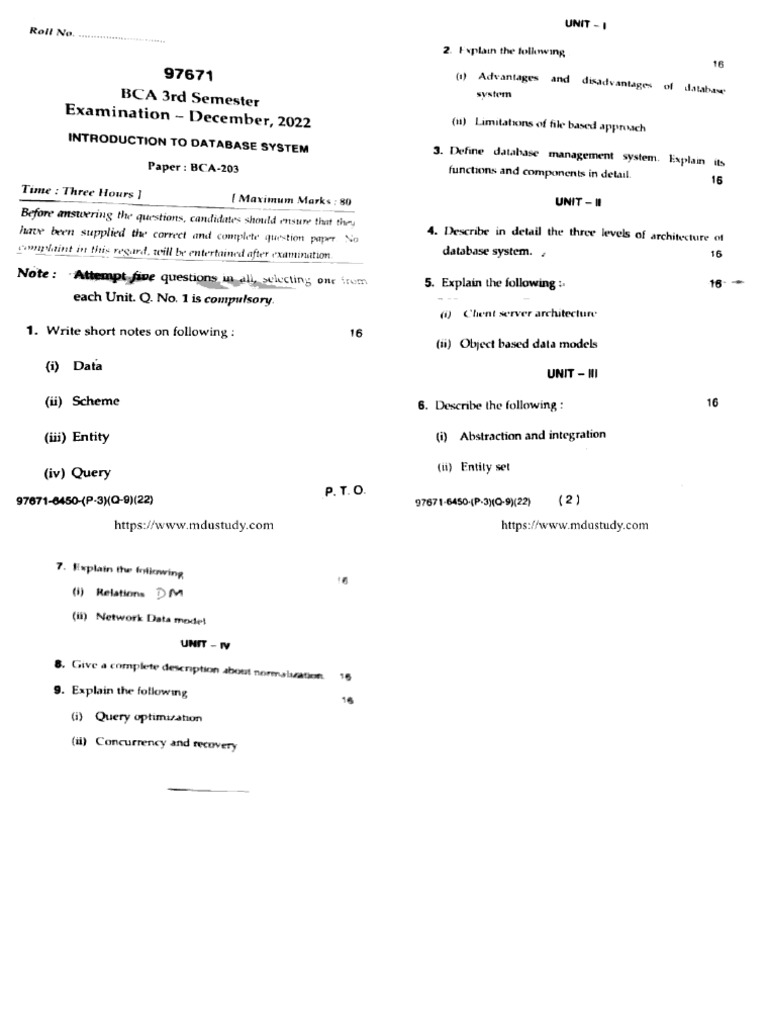 Bca 3 Sem Introduction To Database System 97671 Dec 2022 | PDF