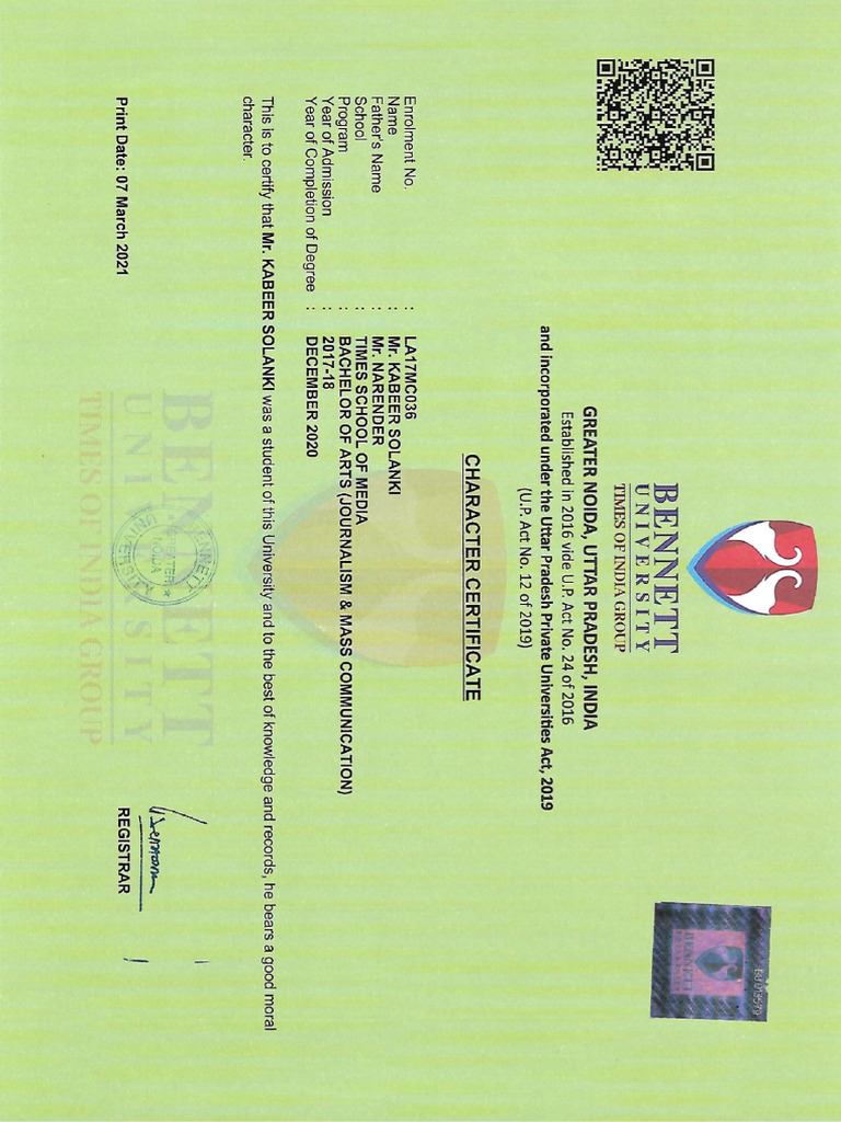 Kabeer Solanki Character Certificate | PDF