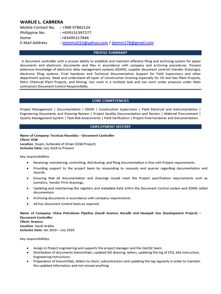 CV - Warlie Cabrera (Document Controller) | PDF | Request For Information | Specification ...