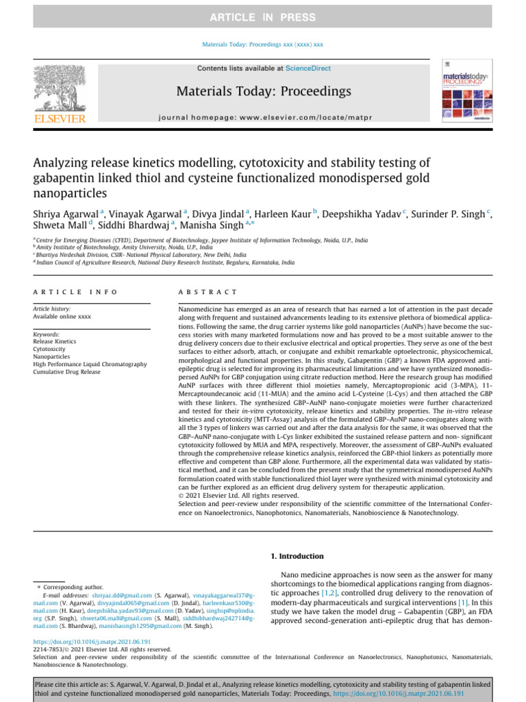 Thiol and Cysteine Functionalized Gold Nanoparticle | PDF | High Performance Liquid ...
