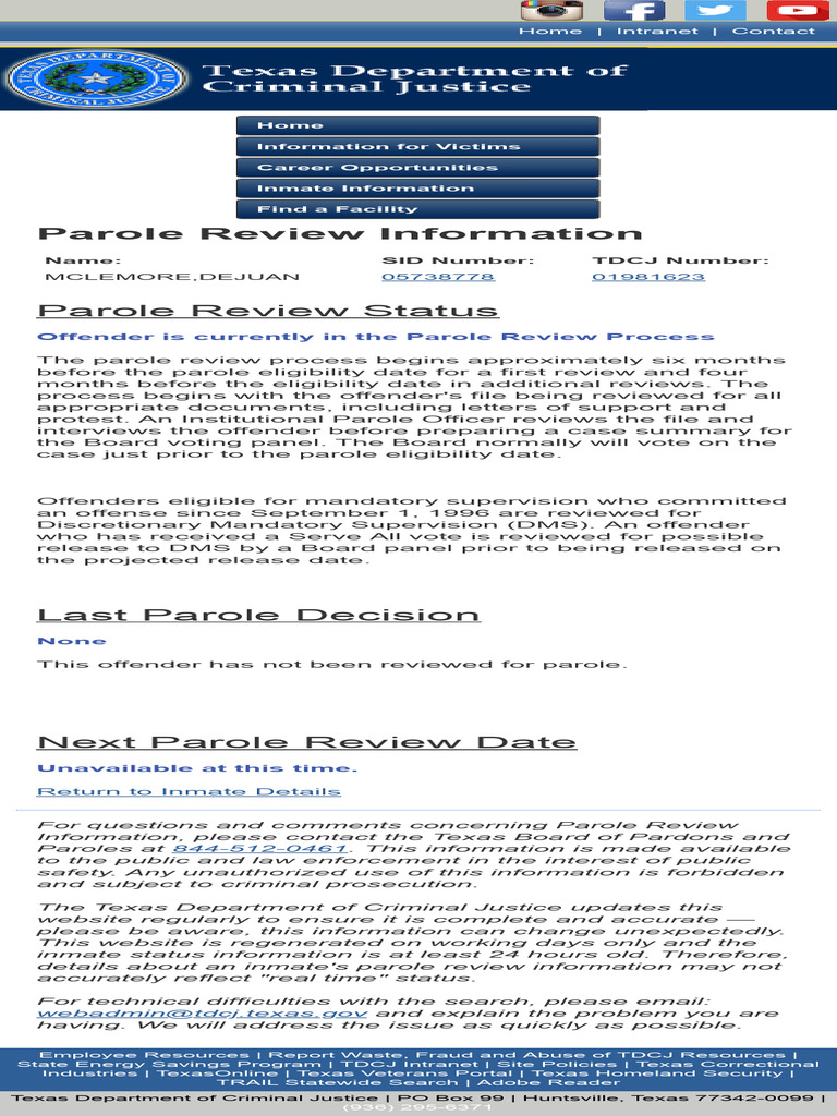 Texas Department of Criminal Justice Inmate Search | PDF | Parole | Crimes