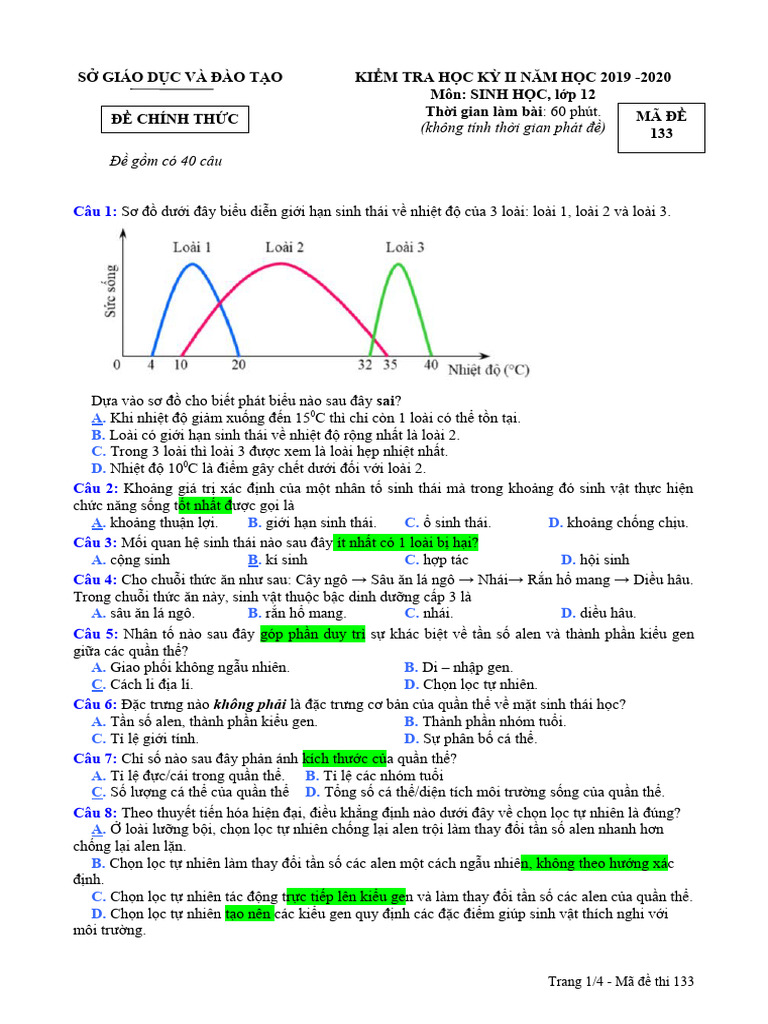 KTRA HKII - SINH 12 19 - 20 xh LẦN 3 - 133 | PDF