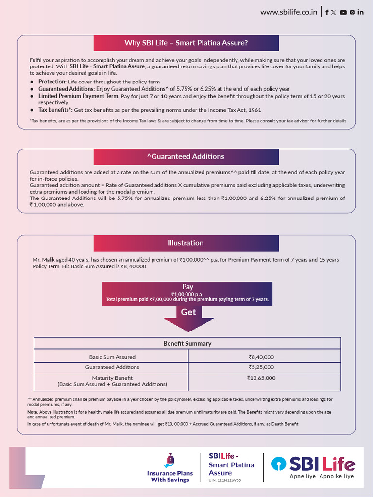 SBI Life - Smart Platina Assure - One Pager - V05 | PDF | Insurance | Underwriting