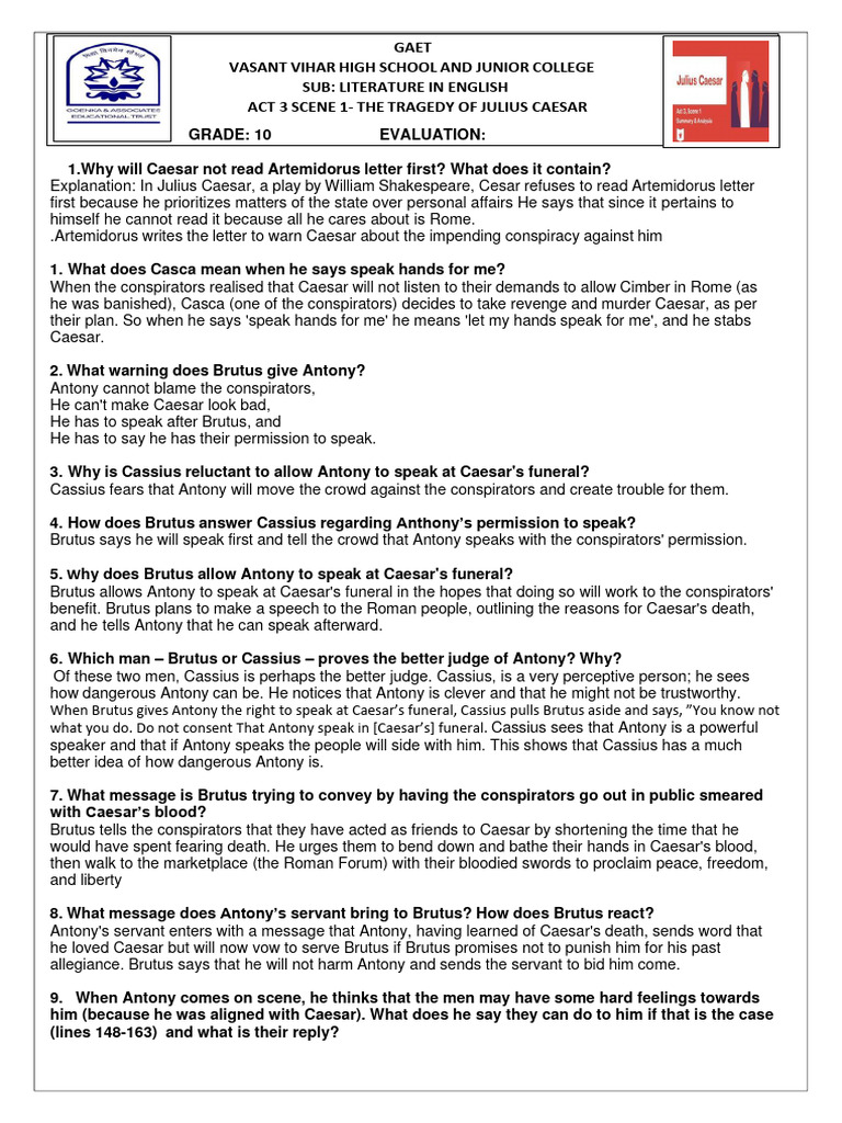JC Act 3 Scene 1 Evaluation | PDF | Mark Antony | Julius Caesar