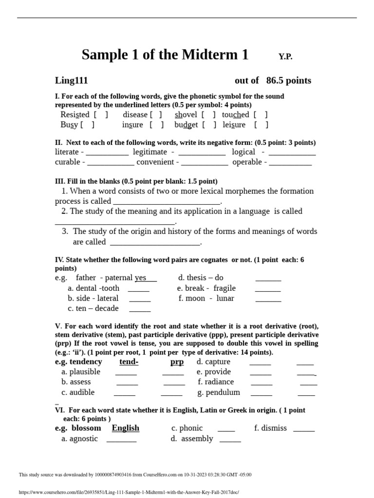 Ling 111 Sample 1 Midterm1 With The Answer Key Fall 2017 | PDF | Word ...
