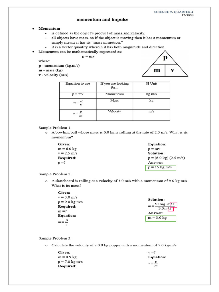 Momentum and Impulse Physics Quarter 4 | PDF | Momentum | Velocity