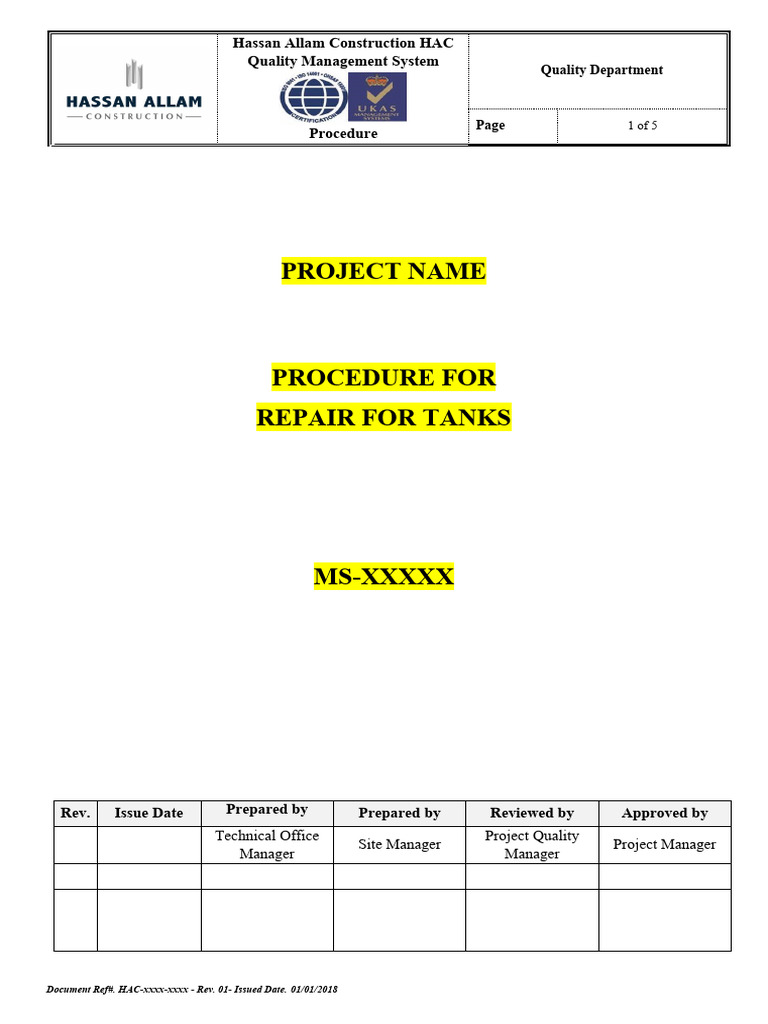 Tank Repair Procedure for Quality Management | PDF | Welding | Construction