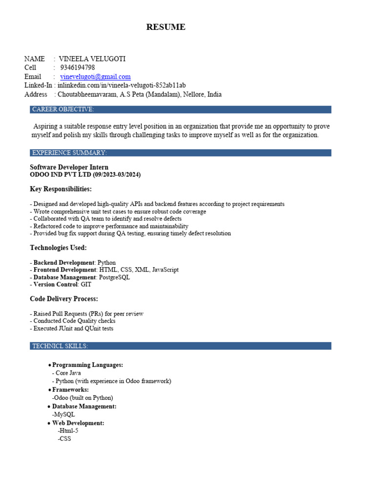 Vineela V - Resume | PDF | Computing | Computer Programming