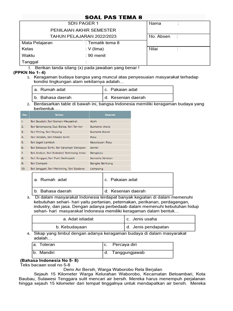 Soal Pas Tema 8 | PDF | Perjalanan | Kajian Bahasa Asing