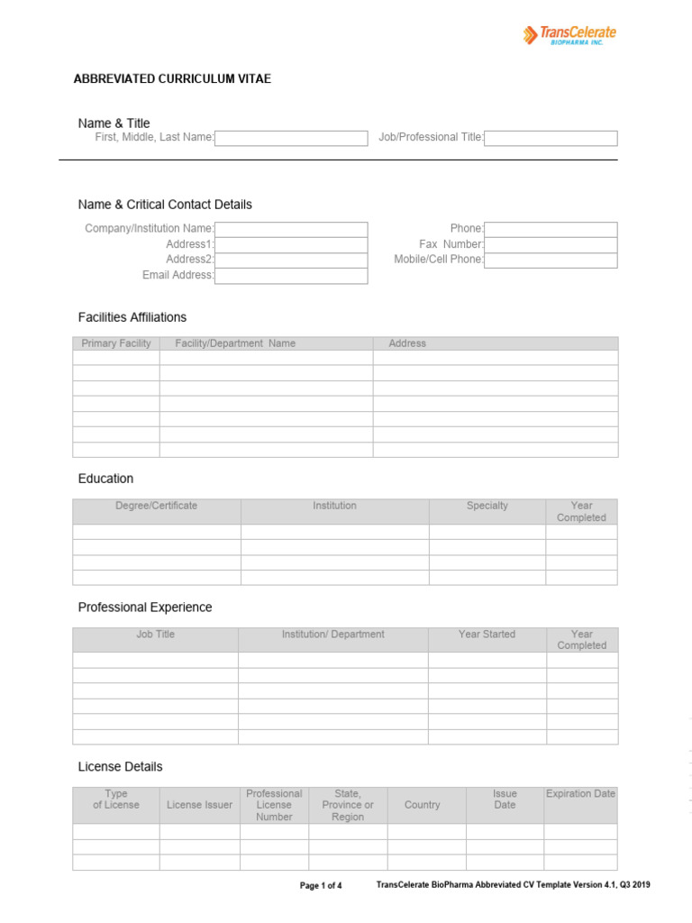TransCelerate BioPharma Abbreviated CV Template Version 4.1 Q3 2019 ...