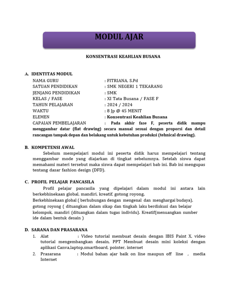 Modul Ajar Dasar Keahlian Busana | PDF