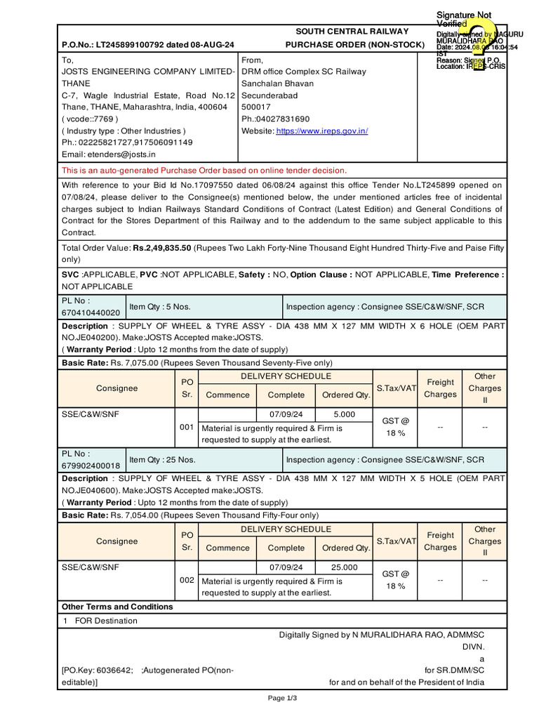 P.O of Wheel and Tyre Assembly For RDM BPA and SNF Depots | PDF | Value ...
