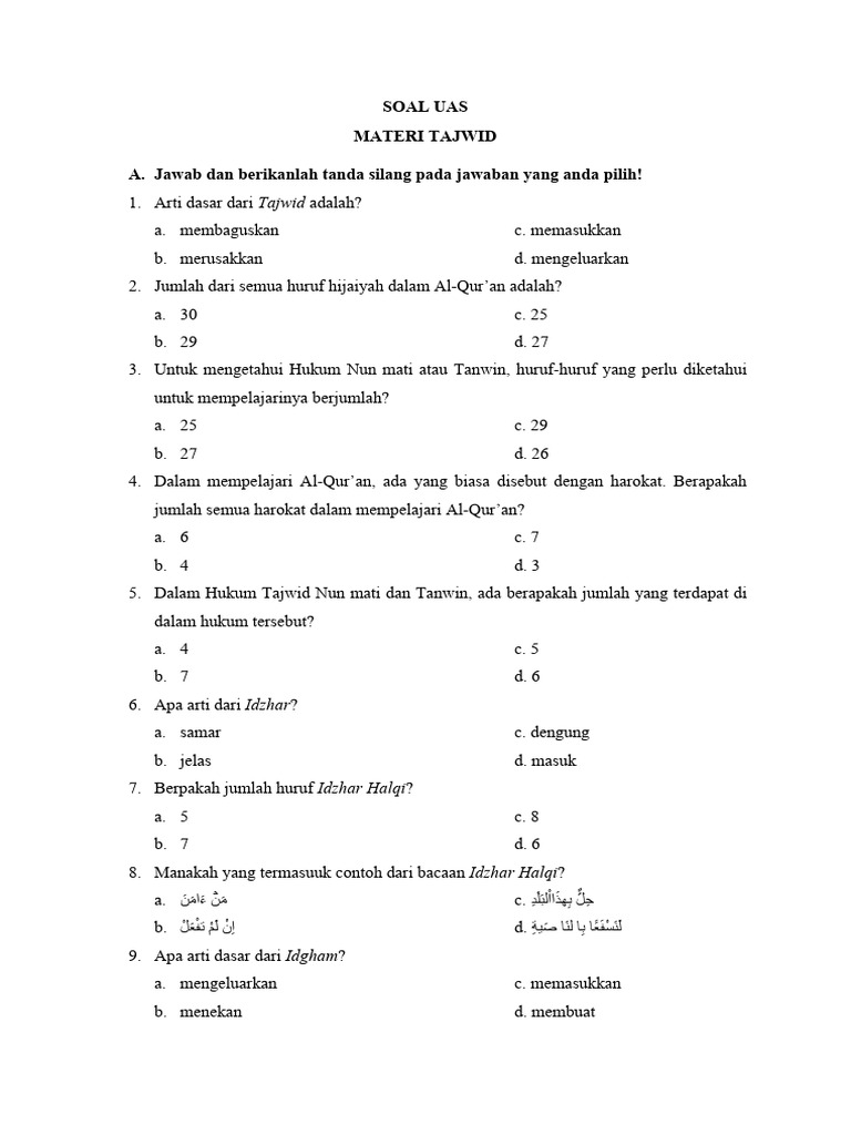 Soal Uas Materi Tajwid | PDF | Karier & Perkembangan | Seni & Disiplin Bahasa
