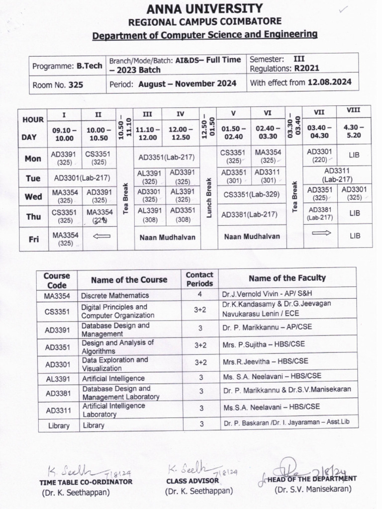 AI&DS III Sem Time Table | PDF