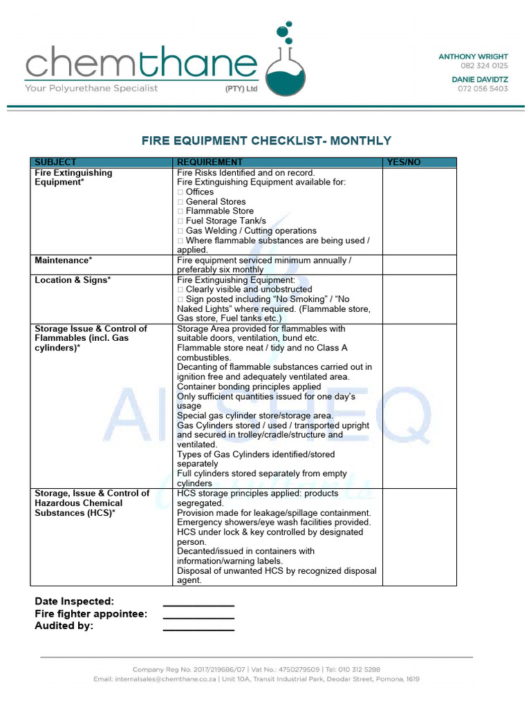 Fire Equipment Checklist | PDF | Fires | Hazards
