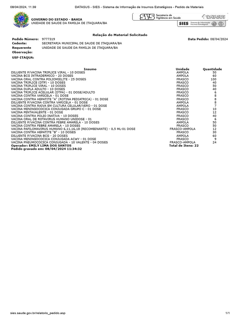 DATASUS - SIES - Sistema de Informação de Insumos Estratégicos - Pedido ...