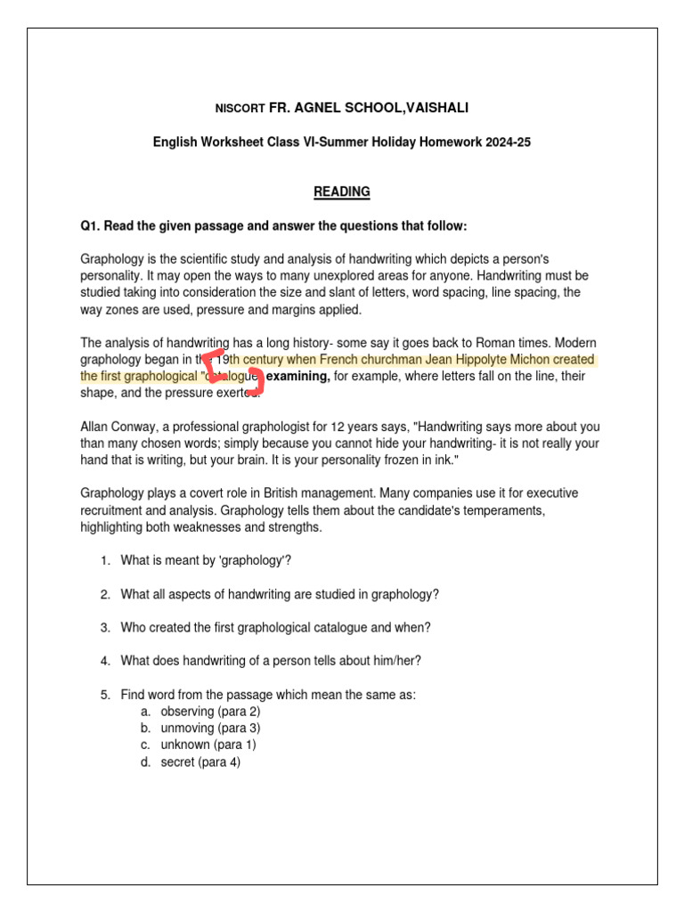 Class VI H.H.W Worksheet | PDF | Graphology | Linguistic Morphology