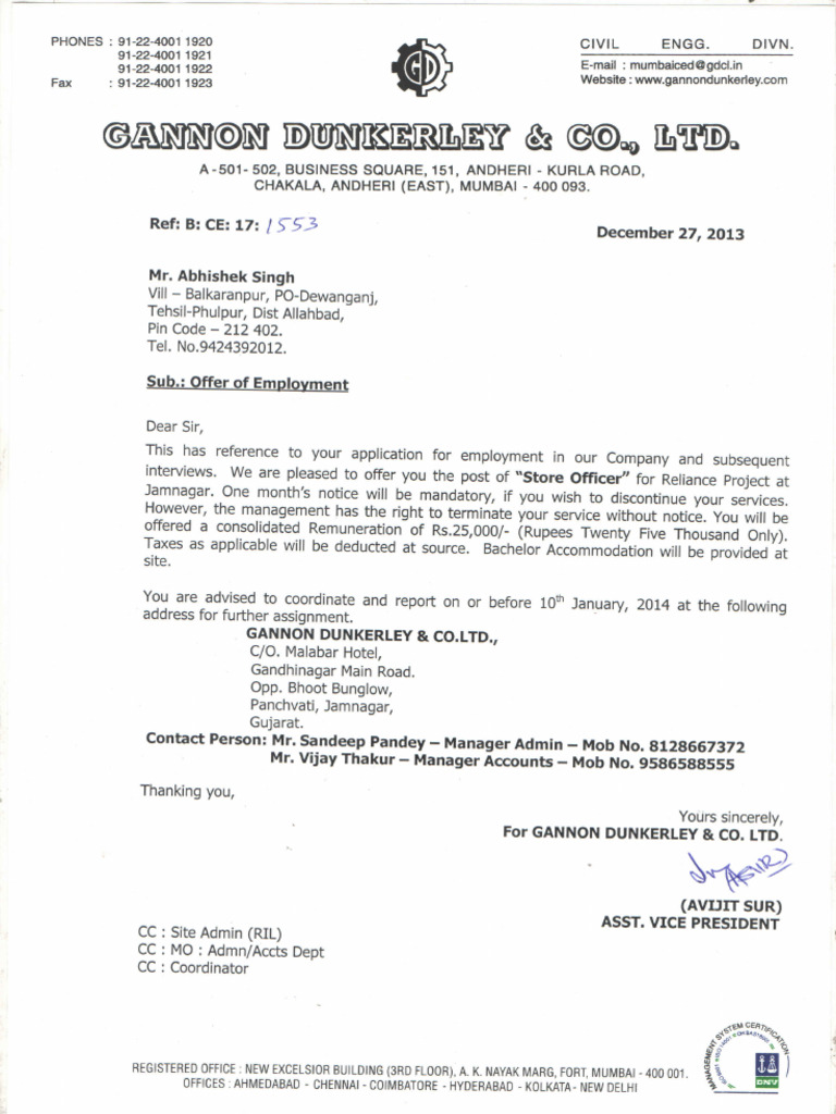 GDCL - Abhishek - Singh Offer Letter | PDF