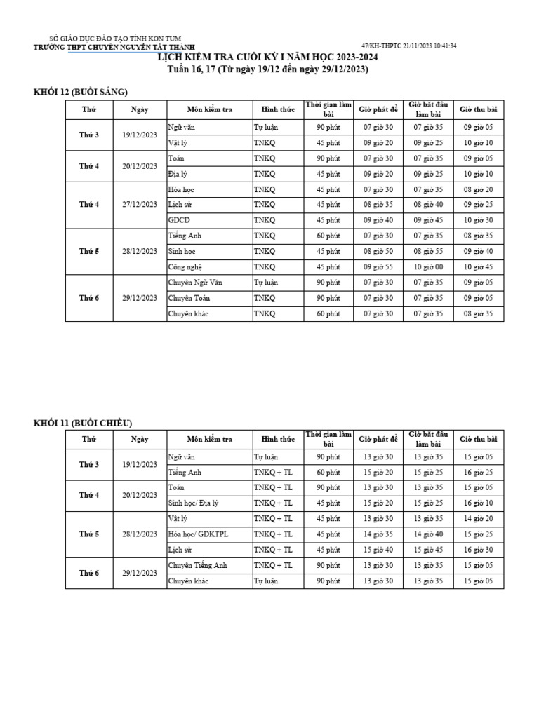 Lich KT CK1 2023 2024 | PDF