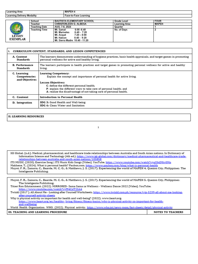 DLL Matatag - Pe&health 4 q1 w1 | PDF | Mental Health | Physical Fitness