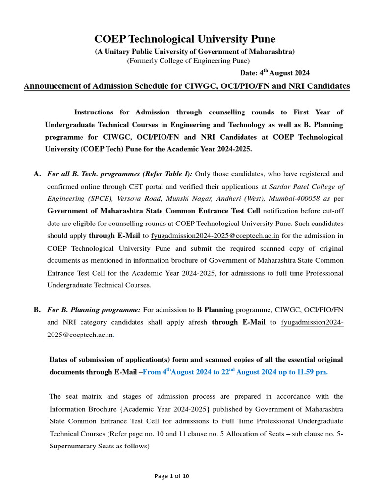 Admission Notification 2024 25 CIWGC OCI PIO FN NRI COEP Tech 04 08 ...