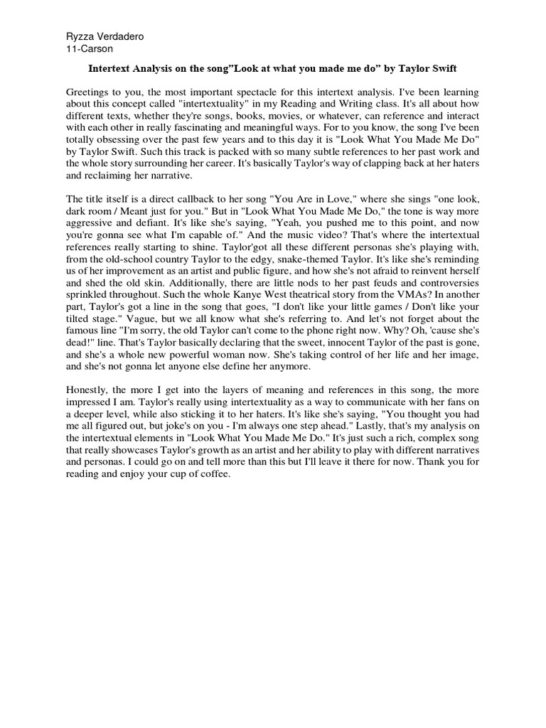 Intertext Analysis On The Song"look at What You Made Me Do" by Taylor ...