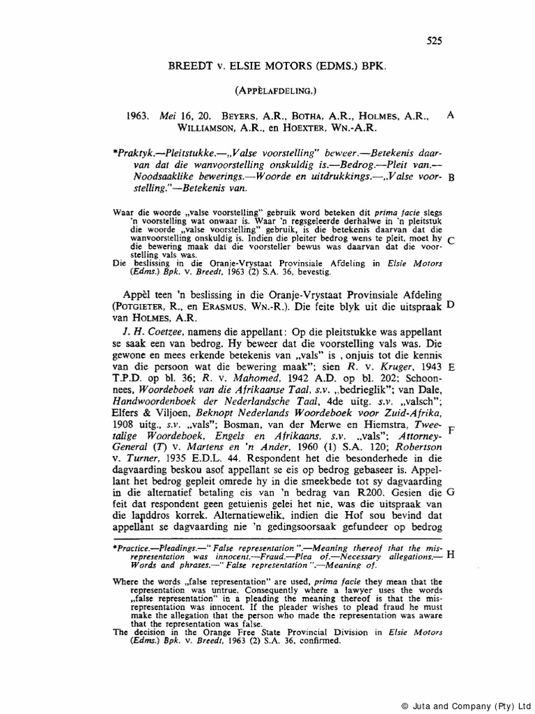 Breedt V Elsie Motors (Edms) BPK 1963 (3) SA 525 (A) Original | PDF