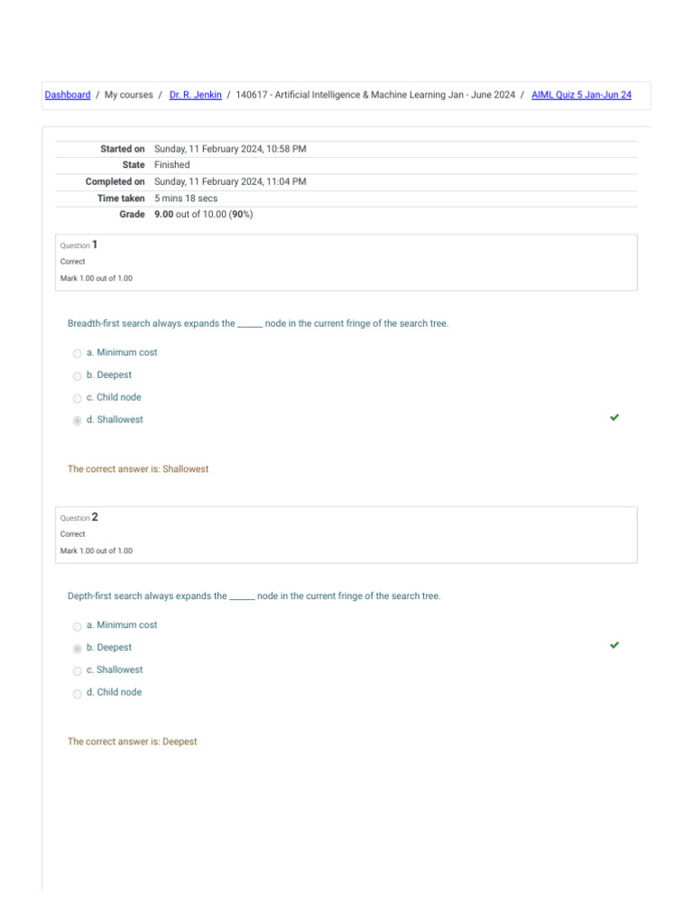 AIML Quiz 5 Jan-Jun 24 - Attempt Review | PDF | Algorithms And Data ...
