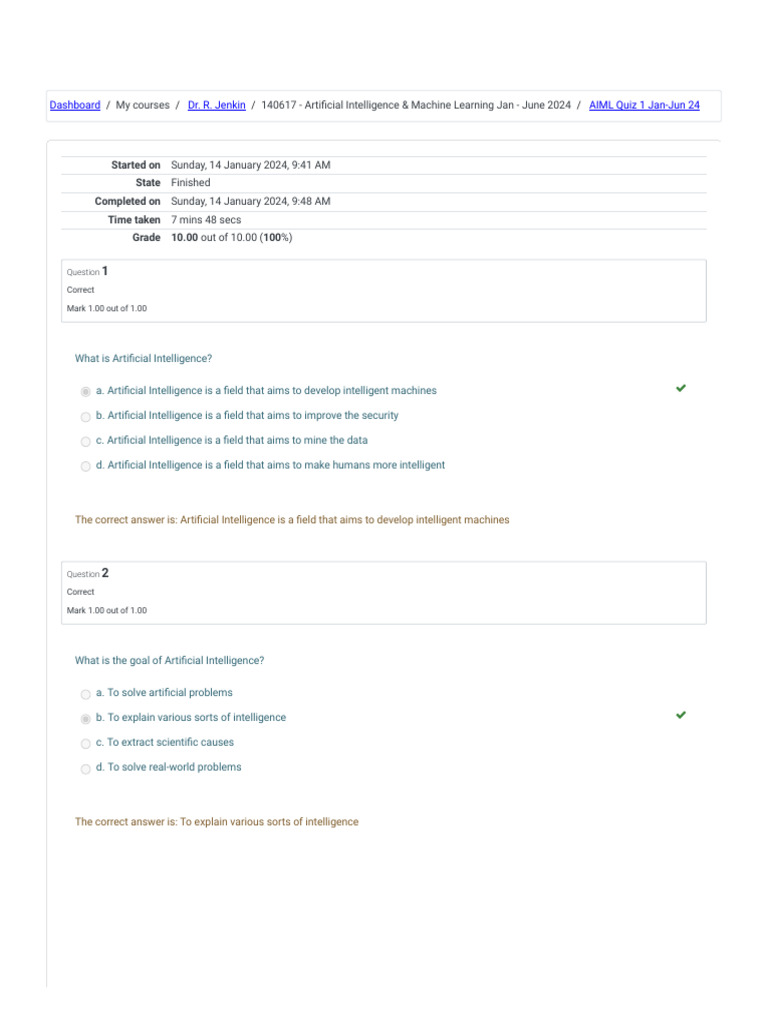 AIML Quiz 1: Perfect Score Analysis | PDF | Artificial Intelligence ...