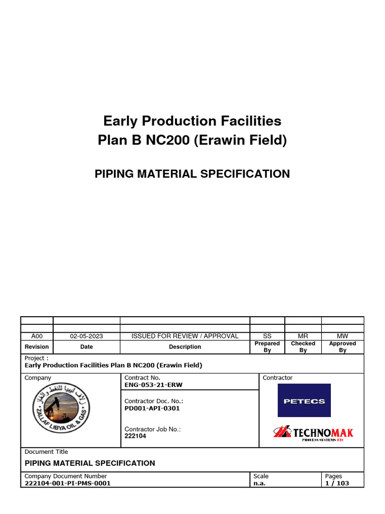 222104-001-PI-PMS-0001-PIPING MATERIAL SPECIFICATION-REV-A00-IFR | PDF ...
