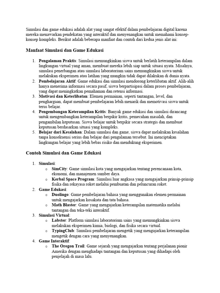 Manfaat Simulasi Dan Game Edukasi | PDF