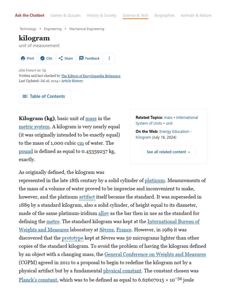 Kilogram - Mass, Weight, SI Unit - Britannica | PDF | Kilogram ...