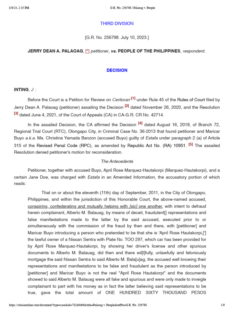 Palaoag v. People: Estafa Case Review | PDF | Fraud | Reasonable Doubt