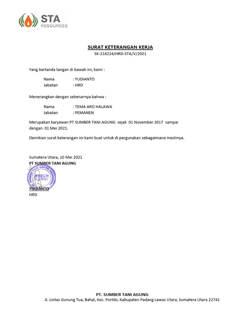 Paklaring PT Sumber Tani Agung | PDF
