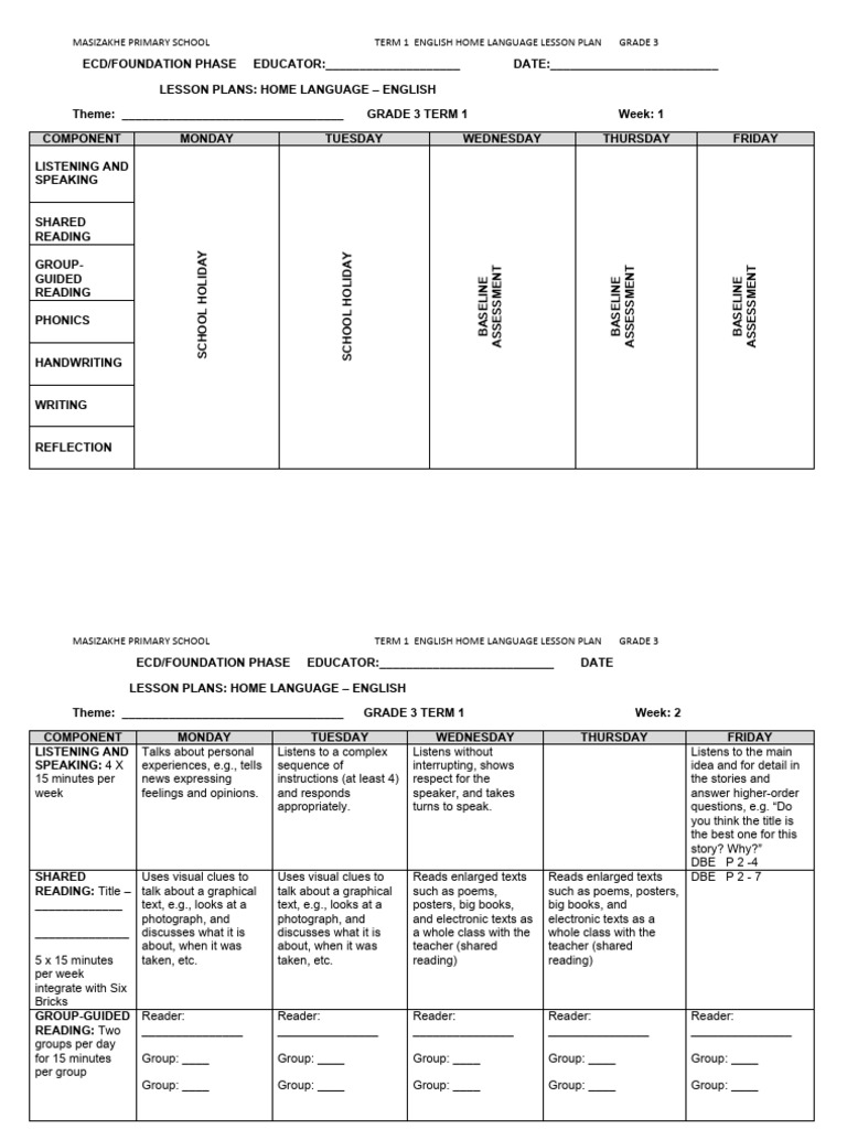 Lesson Plans EHL Grade 3 Term 1 | PDF | Phonics | English Language