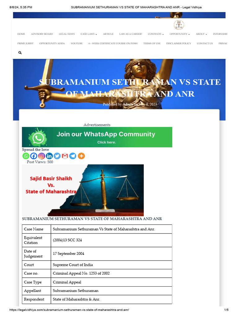 Supreme Court Ruling: Subramanium Sethuraman vs Maharashtra | PDF ...