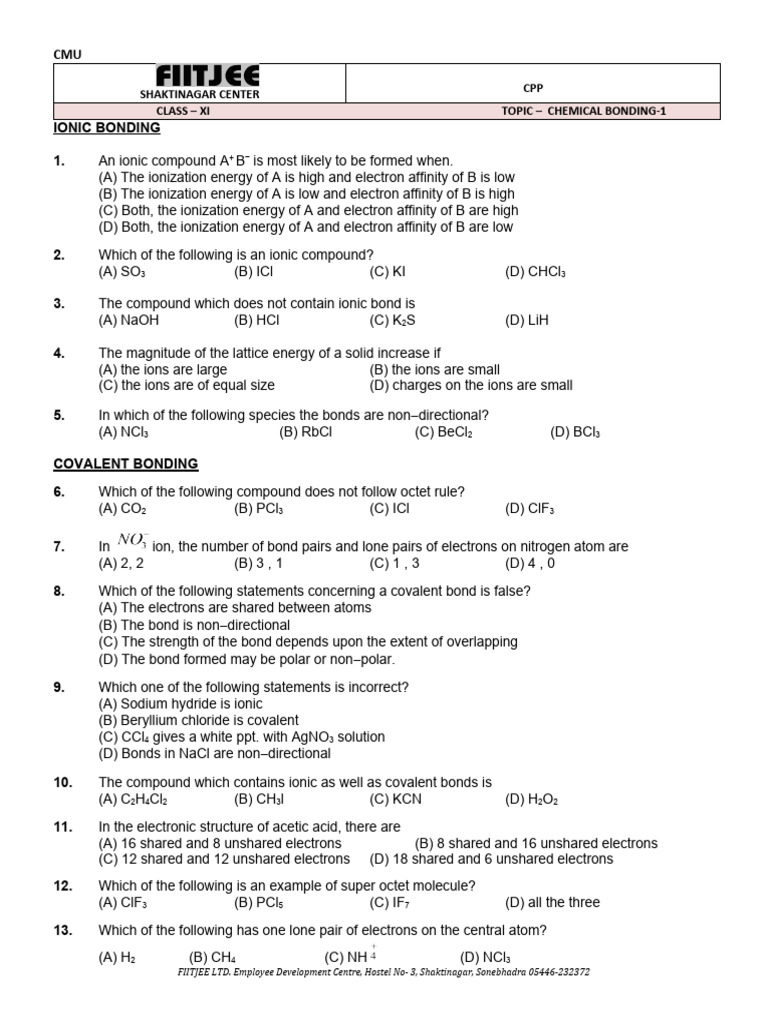 CPP 11Th CHEMICAL BONDING-1 | PDF | Chemical Bond | Ionic Bonding