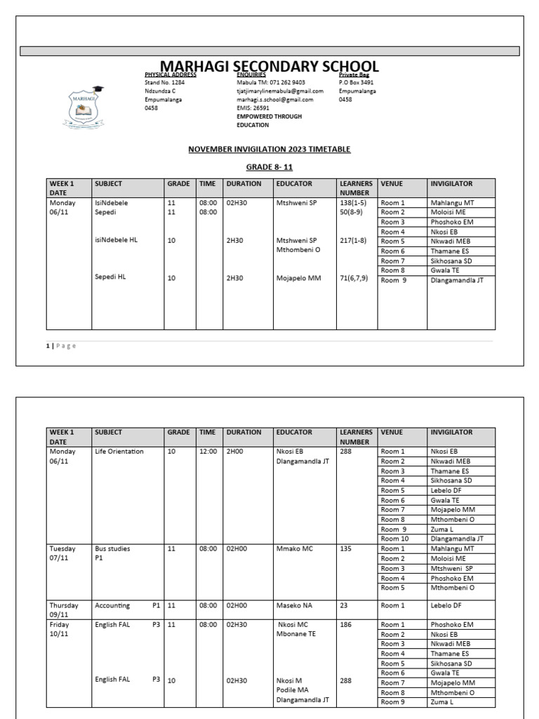 Nov 2023 Grade 11,10,9,8 Invigilation Time Table Auto-1 | PDF | Science