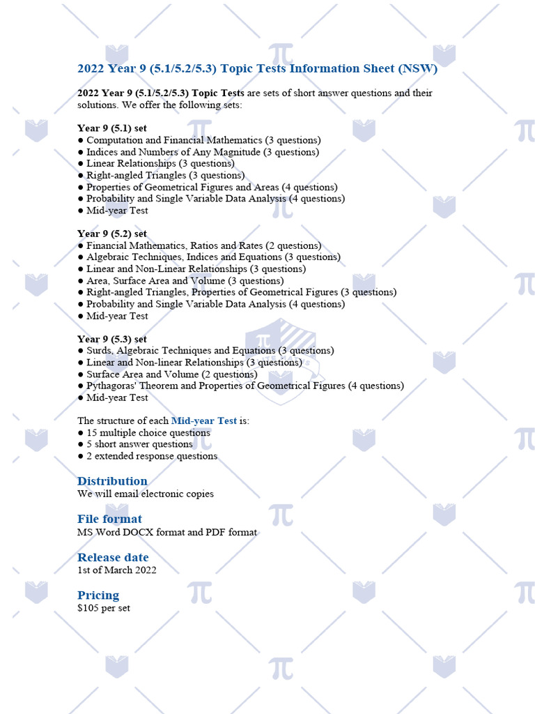 Year 9 Topic Tests Info Sheet 2022 | PDF | Area | Triangle