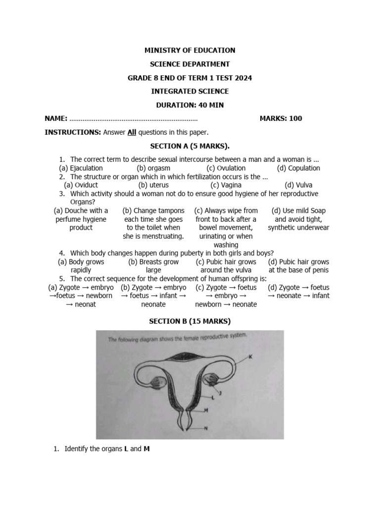 2024 G8 Science Test1 - 022005 | PDF | Sexual Intercourse | Infants