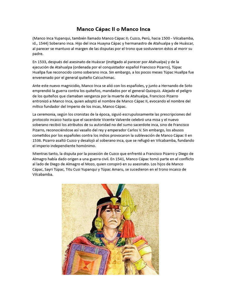 Manco Cápac II o Manco Inca | PDF | Imperio Inca | Francisco Pizarro
