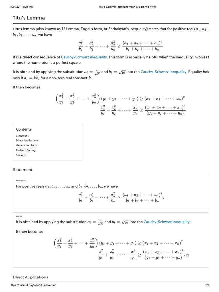 Titu's Lemma & Nesbitt's Inequality | PDF | Inequality (Mathematics ...