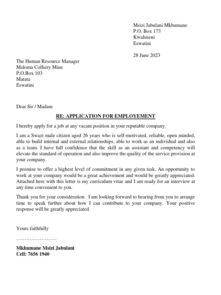 Job Application for Msizi Mkhumane | PDF